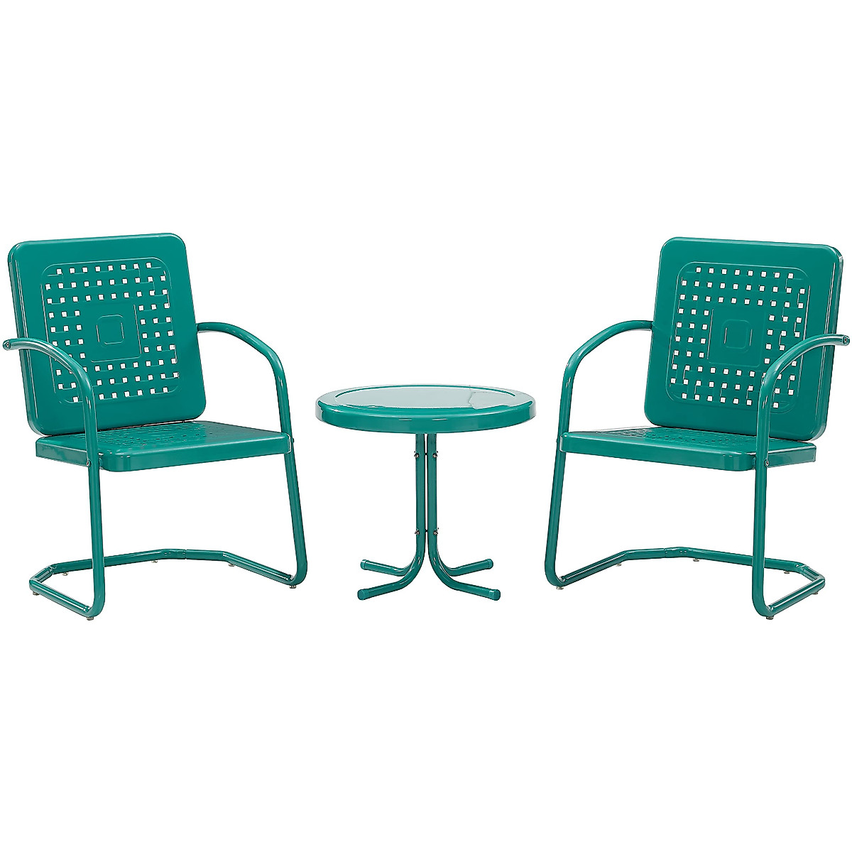 Crosley Furniture Bates 3-Piece Outdoor Chair and Side Table Set, Retro Metal Bistro Patio Conversation Sets, Turquoise Gloss