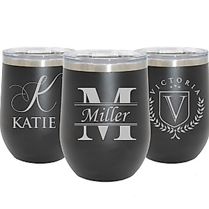 Custom Engraved Insulated Stemless Wine Tumbler Cup - Personalized Bridesmaid Beach Pool Girls Fun - Monogrammed (Black)
