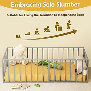 ROOMTEC Montessori Twin Floor Bed Frame Metal 77×41×21 with Fence and Door Easy Assembly for Bedroom Playroom