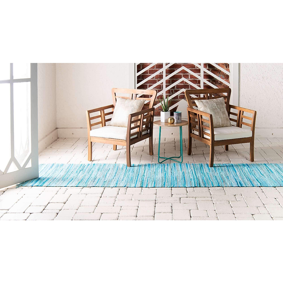 Unique Loom Chindi Cotton Collection Soft Hand Woven Natural Fiber Striped Area Rug, 2 ft 2 in x 6 ft 7 in, Turquoise/Ivory