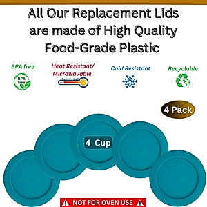Klare Ware 4 Cup Replacement Lids/Covers for Pyrex 7201, Anchor Hocking & Klare Ware Storage Bowls (Glass Container Not Included) Microwave, Freezer & Top Rack Dishwasher Safe (4 Pack, Turquoise)