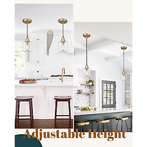 FOITTON Gold Pendant Light, Industrial Hanging Light Fixtures with Seeded Glass Shade, Adjustable Height, Farmhouse Pendant Lighting for Kitchen Island Dining Room-2 Pack