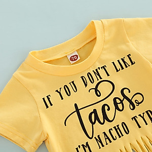 FIOMVA Newborn Baby Girl Clothes Letter Print Tassel T-shirt Top Shorts Headband 3Pcs Summer Outfit Set for Infant 0-24M (Taco-Yellow,0-6 Months)