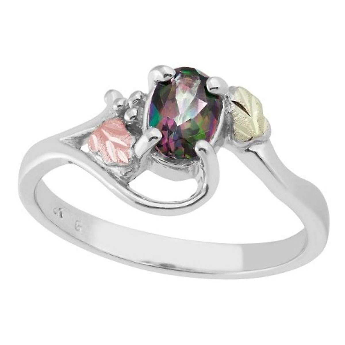 Rhodium-Plated Sterling Silver Small Oval Mystic Fire Topaz Ring, 12k Rose and Green Gold Black Hills Gold, Size 7.5