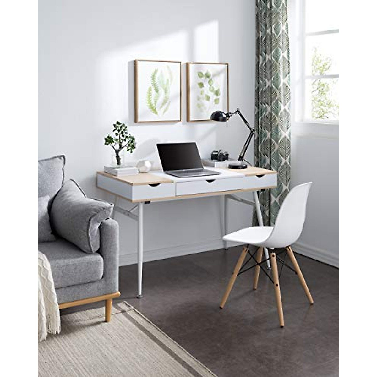 JJS Home Computer Desk, Writing Desk with Drawers, Contemporary Design Split Top Storage Modern Desk, Sturdy and Easy Assembly Spacious Desktop Mid Century Desk,White Desks for Bedroom Dresser Table