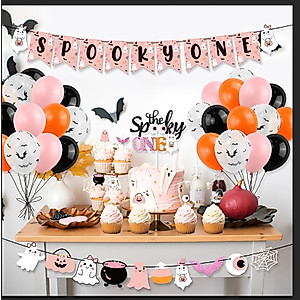 Girl Halloween 1st Birthday Party Decor Halloween Spooky One Banner Cute Ghost Cake Topper Balloon for Halloween Theme Little Boo First Birthday Happy Boo Day Baby Shower The Spooky One Party Supplies