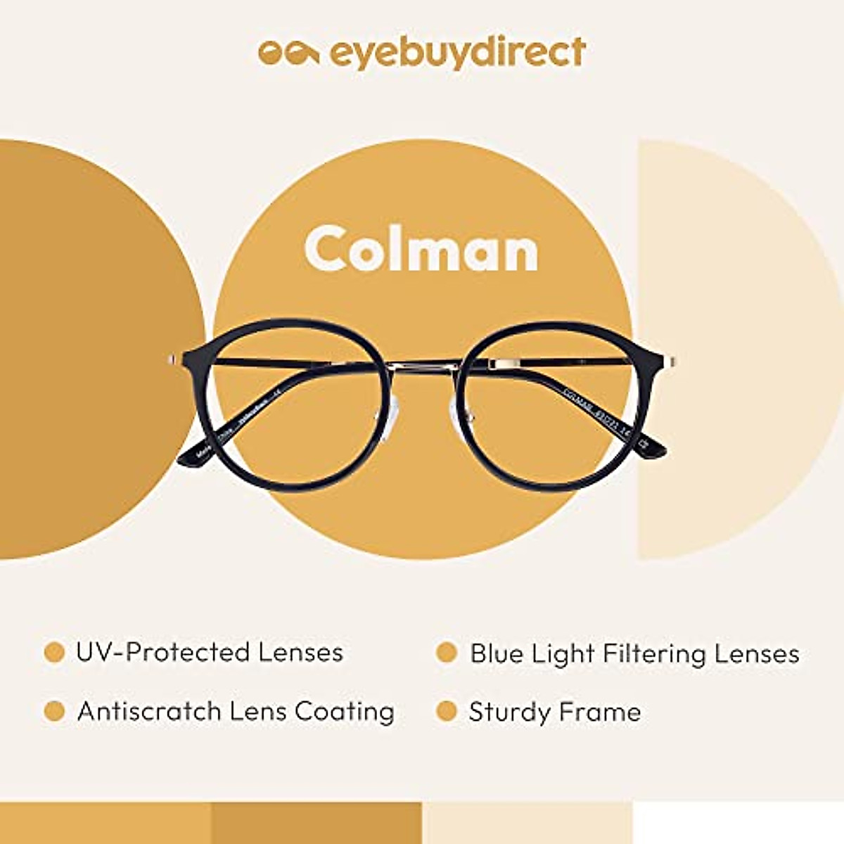 EYEBUYDIRECT Round Blue Light Filtering Glasses for Women and Men, Computer Glasses for Eyestrain Protection, Colman, Large