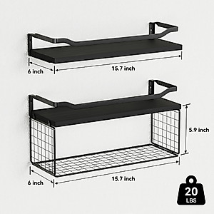 WOPITUES Floating Shelves with Wire Storage Basket, Bathroom Shelves Over Toilet with Protective Metal Guardrail, Wood Wall Shelves for Bathroom, Bedroom, Living Room, Toilet Paper-Black
