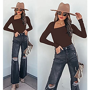 REORIA Women's Casual Classy Asymmetrical Neck Long Sleeve Ribbed Slimming Thong Leotards Bodysuit Tops Coffee Large