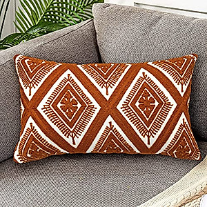 Alysheer Embroidered Lumbar Decorative Throw Pillow Cover 12"x 20", Classic Boho Geometric Embroidery Pattern Cotton Rectangular Cushion Case for Sofa Couch Living Room Bedroom(Burnt Orange)