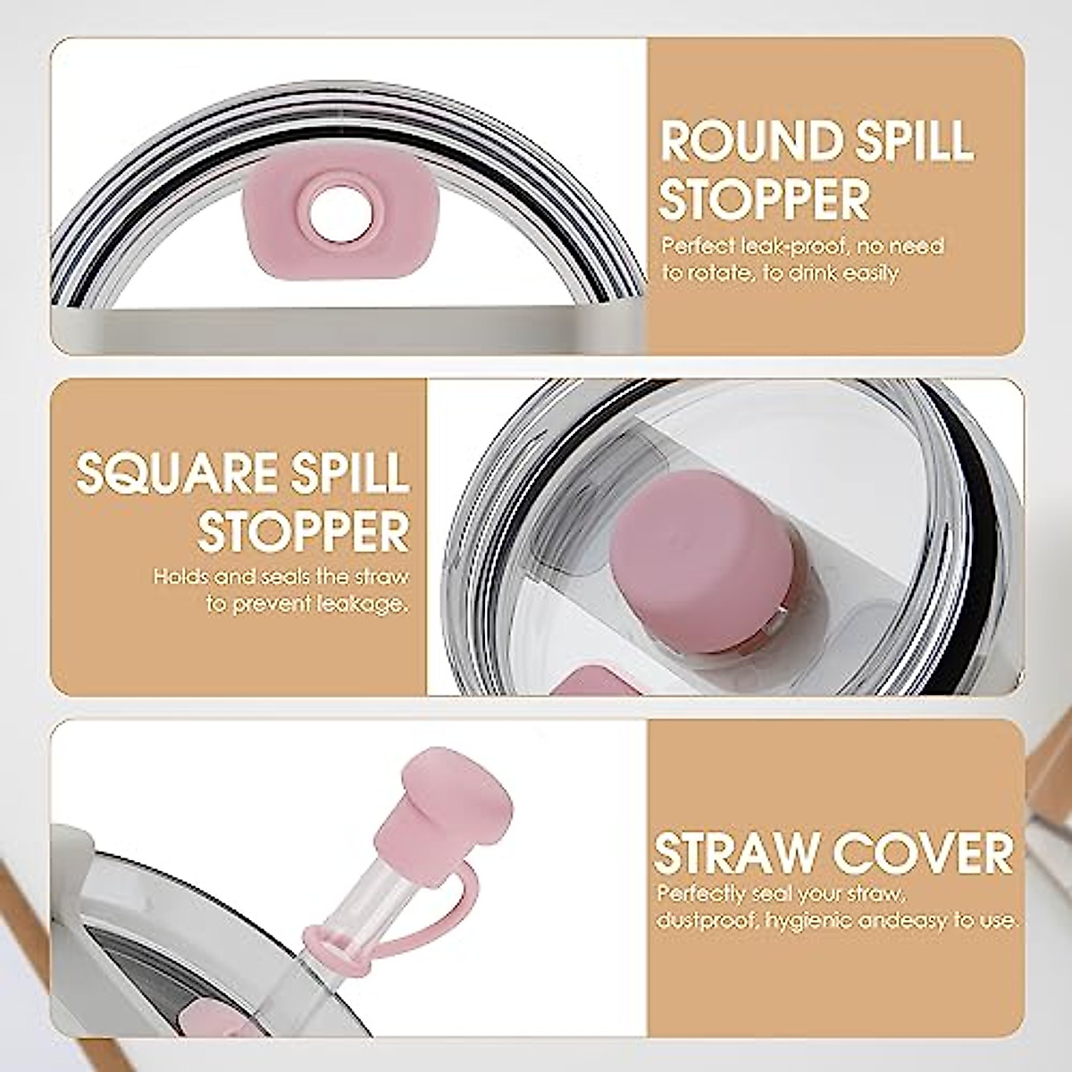 Neepanda 3set Silicone Spill Proof Stopper, Fit for Stanley Tumbler 1.0 and 2.0 version 30oz|40oz, with 2 Straw Cover,2 Round Leak Stoppers,2 Square Spill Stoppers, Stanley Cup Accessories(Pink)