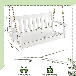 Tangkula 2 Person Hanging Porch Swing, Outdoor Bench Swing with Adjustable Chains, Hidden Cup Holders, HDPE Tree Swing Chair for Patio Backyard Deck Garden, 54 Inch (White)