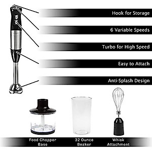 Classic Cuisine Immersion Blender-4-In-1 6 Speed Hand Mixer Set Whisk, Food Processor Cup, 32oz. Beaker, For Soup, Milkshakes, Salsa, Black