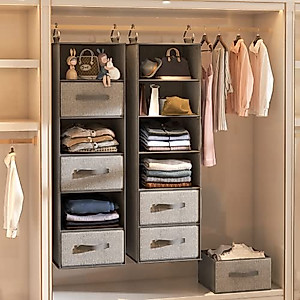 MONINXS Hanging Closet Organizer 6-Shelf, Hanging Shelves for Closet with 3 Divisible Drawers & Side Pocket, Linen, 11.4''W x 12''D x 43.3''H, Grey