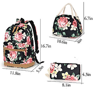 Teen Girl School Backpack with Lunch Box Pencil Case, 3 in 1 Canvas Student BookBag Set for Elementary School (Floral)
