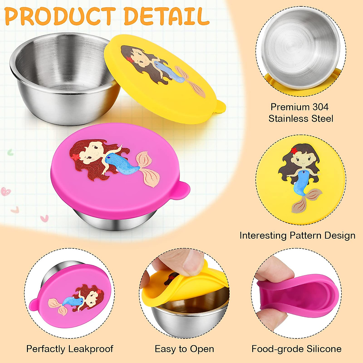 6 x 1.6 oz Salad Dressing Container to Go, Mermaid Stainless Steel Condiment Containers with Lids Reusable Small Containers with Lids Leak Proof Sauce Containers for Lunch Box Silicone Condiment Cups