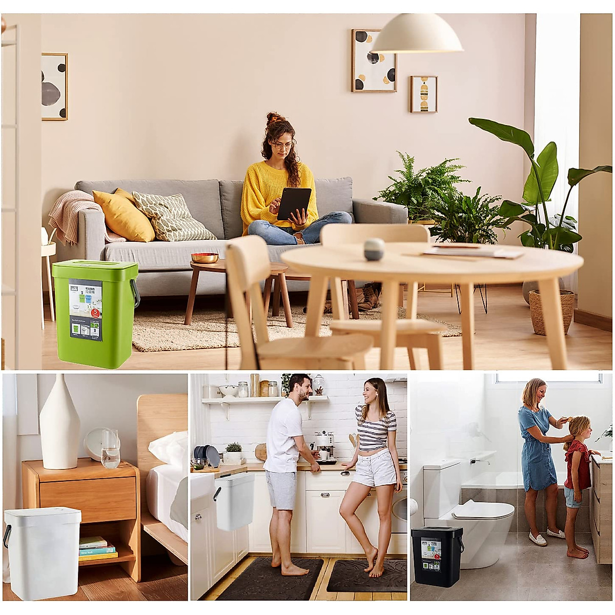 Small Trash Can with Lid Mini Kitchen Hanging Trash Can Tightly Sealed Odor Free, Small Countertop Compost Bin for Scraps from Daily Cooking, Mountable Trash Bin for Kitchen Counter,5L/1.3 Gal