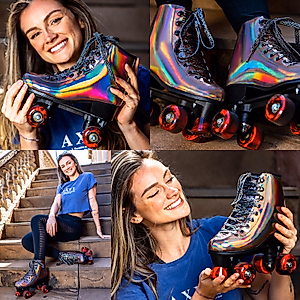 JajaHoho Roller Skates for Women and Men, Holographic High Top Classic Rollerskates, Shiny Double-Row Four Wheels Quad Skates for Girls, Age 8-50 Indoor & Outdoor (Size 6, Golden Black)