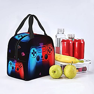 Hellokugou Game Lunch Bag For Kids Gaming, Red & Blue Fluorescent Gamepad Glow Luminous Lunch Box Portable Reusable Handbag Box Travel Beach Picnic