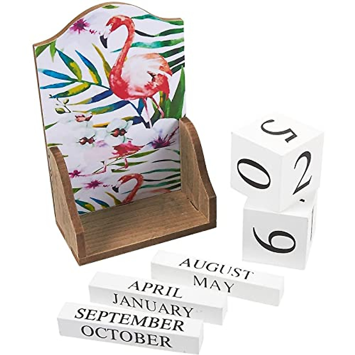 Juvale Wooden Perpetual Desk Calendar Wood Blocks, Flamingo Design (5.5 x 8.75 x 3 inches)