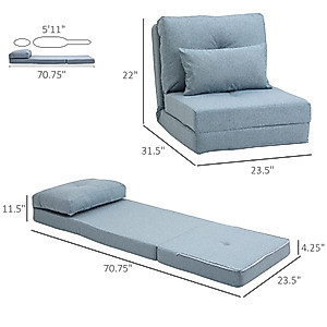 HOMCOM Convertible Flip Chair, Floor Lazy Sofa, Folding Upholstered Couch Bed with Adjustable Backrest, Metal Frame and Pillows for Living Room Bedroom, Blue