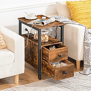 HOOBRO End Table with Charging Station, Narrow Side Table with 2 Drawer & USB Ports & Power Outlets, Nightstand for Small Spaces, for Living Room, Bedroom, Rustic Brown and Black BF541BZ01