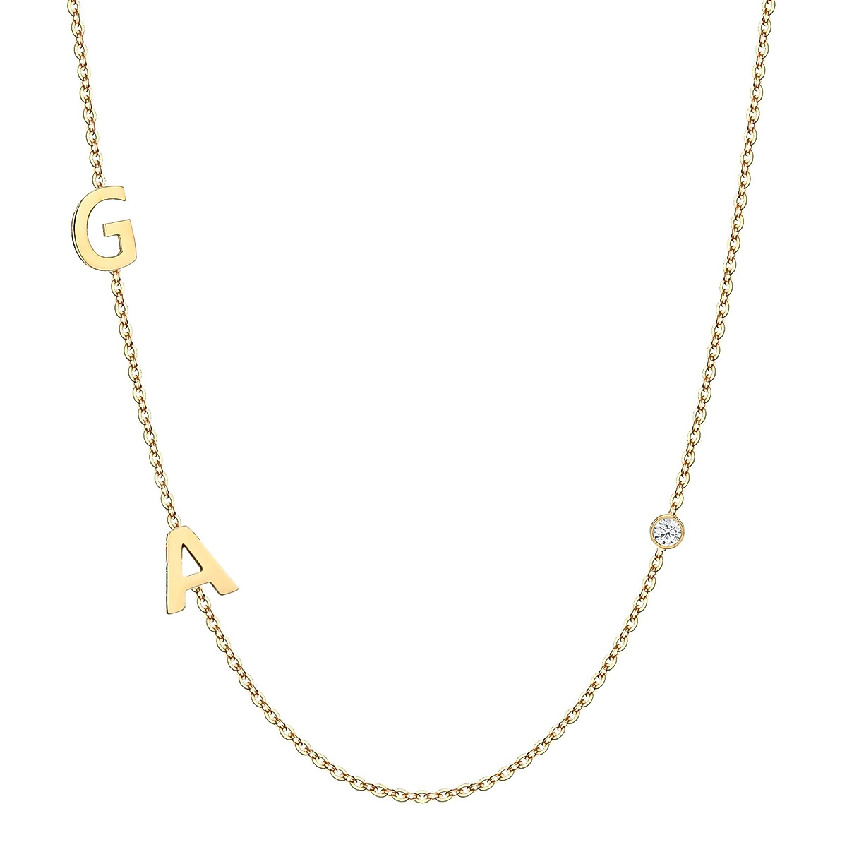 14k Sideways Initial Gold Necklace w Solitaire Diamond, Custom Multiple Letter Necklace, Personalized Solid Gold Initial Diamond Letter Necklace, Personalize Birthstone Bridesmaid Gift.