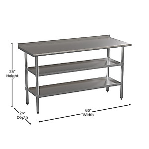 Flash Furniture Randolph Stainless Steel 18 Gauge Work Table with 1.5" Backsplash and 2 Undershelves - 60"W x 24"D x 36"H, NSF