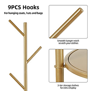 MOUTIK Metal Gold Coat Rack, Tree Hanger Freestanding Coat Racks with 3 Storage Shelves and 9 High-grade Hooks and Stable Marble Base, for Jackets Hats Bags Purses Entryway Hall Bedroom