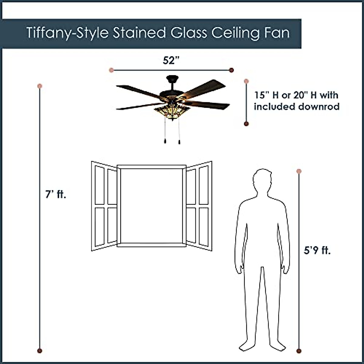 RIVER OF GOODS Craftsman LED Ceiling Fan - 52" L x 52" W - Tiffany-Style Stained Glass Ceiling Fan with Lights