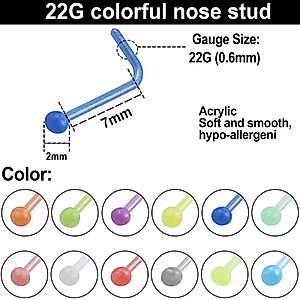 Riuziyi 22G Nose Ring Retainer Colorful Bioflex Acrylic L Shape Nose Rings Studs Body Jewelry Piercing Top Ball 2mm 12PCS
