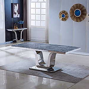 78'' Marble Dining Room Table for 6 or 8, Dining Table with Silver Stainless Steel "U" Shaped Pedestal, Rectangular Kitchen Table with 0.71'' Thick Gray Marble Tabletop, Mirror Finish Base(No Chairs)