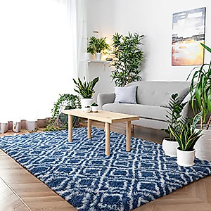 Guucha Soft Plush Fluffy Carpets, 5'x8' Fluffy Rugs, Geometric Moroccan Shaggy Rugs for Living Room Bedroom Nursery Room Kids' Room, White/Blue