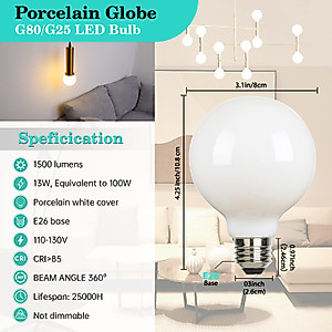 AMDTU G80/G25 Globe LED Light Bulbs 100 Watt Equivalent 1500 Lumens, 3000K Soft White Vintage LED Edison Bulb Non-dimmable 13W, Porcelain Glass E26 Standard Base 100W Retro LED Bulb, 4 Pack