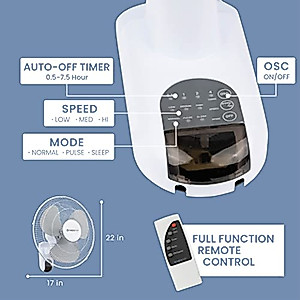 NEXAIR 16 Inch Oscillating Wall Mount Fan, Quiet Operating Room Fan With Remote Control, 3 Speed Wall Fan for Bedroom with 7.5 Hr Auto Off Timer, Adjustable Cooling Fan For Home, Office & Living Room