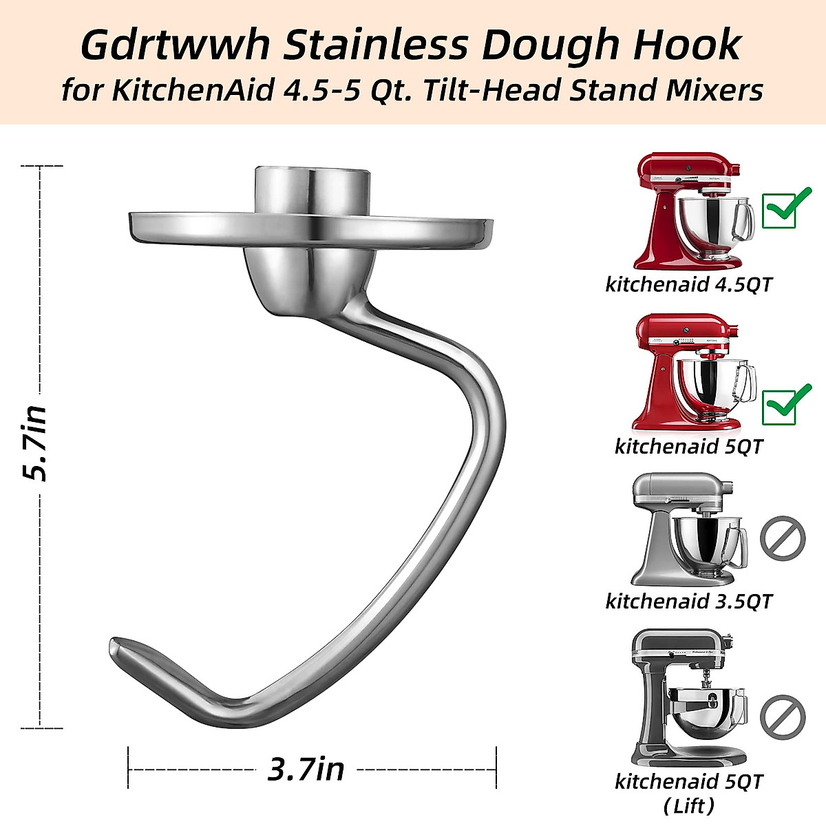 Gdrtwwh Stainless Steel Dough Hook Attachment for KitchenAid 4.5-5 Quart Tilt-Head Stand Mixer,Replacement Parts Bread Hook, Dishwasher Safe(Replace K45DH)