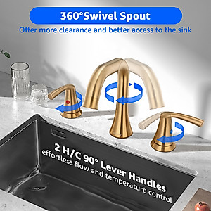 WaterSong Bathroom Sink Faucet, Brushed Gold Bathroom Faucet 3 Hole, 8 Inch Widespread Bathroom Faucet with Pop up Drain Assembly, Two Handle Vanity Faucet