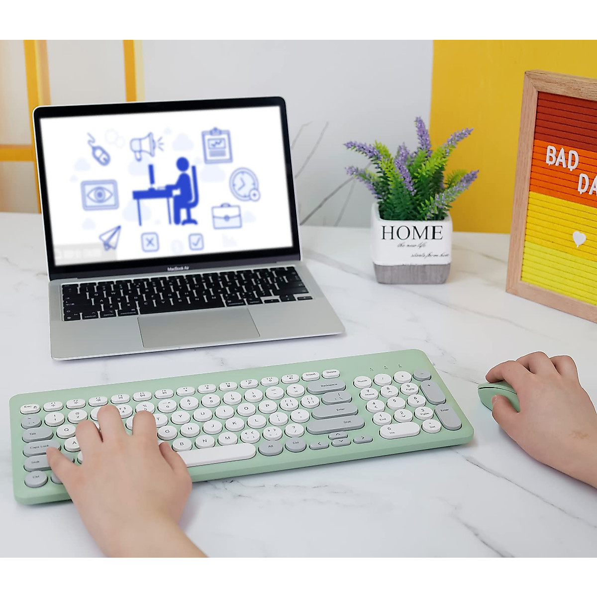 Arcwares Wireless Keyboard and Mouse Combo, Sweet Green Cute Keyboard, 2.4G USB Ergonomic Full-Sized Mute Keyboard for Computer, Laptop, PC Desktops, Mac