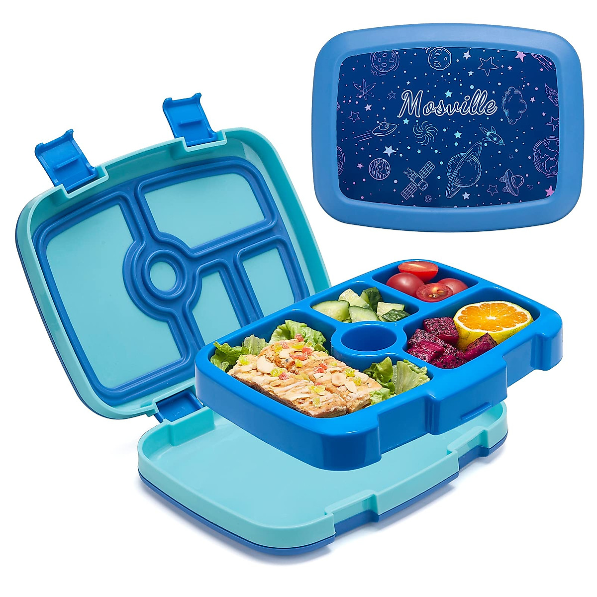 Space Prints Bento Box for Kids, Removable 5 Compartments Portion Size Leakproof Bento Lunch Box for Boys Girls Meal Prep Containers (Space)