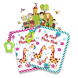 Buviagem Baby Soft Cloth Album; Baby‘s My First Photo Book for Family Memery with Safe Mirror Holds 17 Photos Pink Giraffe