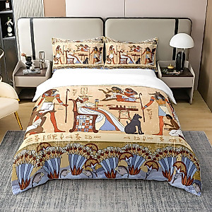 Ancient Egypt Cotton Duvet Cover Set Queen Retro Egyptian Pattern Comforter Cover Set for Women Men Adults Egypt Culture Bedding Set Tribal Eagle Dog Design Bedspread Cover Bedroom Decor Quilt Cover