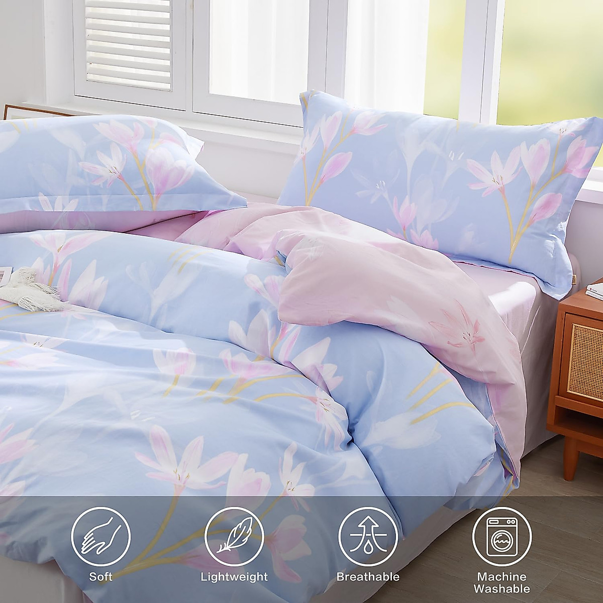 SAPHREAS Queen Size Floral Duvet Cover Set 3pcs Cotton Blue Pink Orchid Flower Printed Bedding Comforter Cover Set 100% Cotton 1 Quilt Cover 90"x90" 2 Pillow Shams(No Comforter)