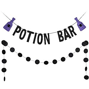 Potion Bar Banner Black Glitter and Black Glittery Circle Dots Garland- Halloween Hocus Pocus Decorations Halloween Witch Party Decorations Potion Halloween Decor