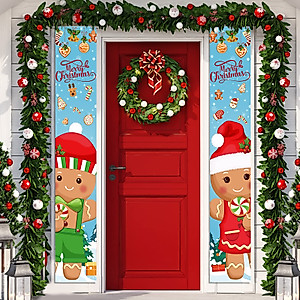 2 Pcs Christmas Porch Sign Gingerbread Door Sign Banner Christmas Hanging Door Banner for Outside Indoor Outdoor Home Front Porch Holiday Xmas Decorations Gingerbread Party Supplies