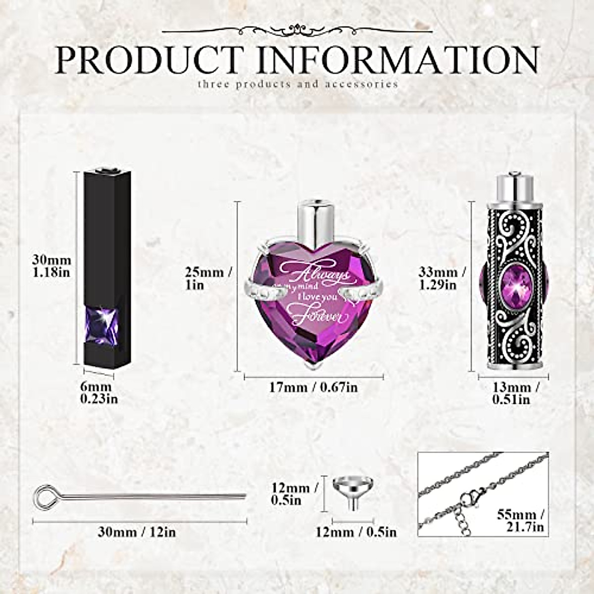 MTLEE 3 Pieces Cremation Urn Necklace for Ashes Vertical Bar Zircon, Heart Crystal Cremation Urn Necklace Urn Stainless Steel Necklace Waterproof Memorial Pendant Necklace (Purple Zircon)