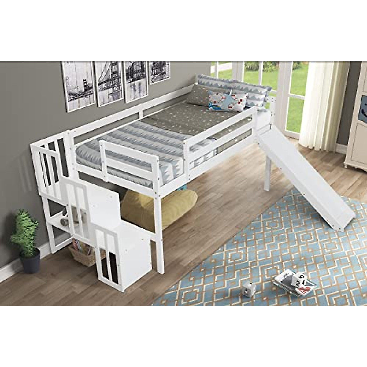 DEYOBED Low Loft Bed with Stairs and Slide - Wood Twin Bed Frame for Kids - Ideal for Boys and Girls - White