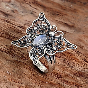NOVICA Artisan Handmade Rainbow Moonstone Cocktail Ring Butterfly from Indonesia Sterling Silver Clear Animal Themed [ring Front 0.9 in L x 1.1 in W x 0.2 in H Band Width 3 mm W] ' Open Wings'