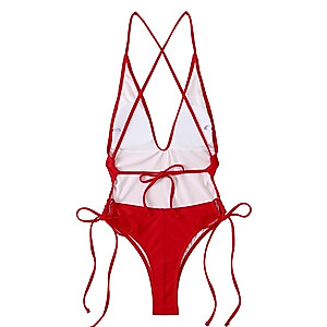 Lilosy Sexy Push Up Plunge Backless Tie Side High Cut Leg Thong Cheeky Brazilian One Piece Bikini Swimsuit Women Open Back Bathing Suit Criss Cross Monokini String Red Medium