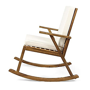 Christopher Knight Home Andy | Outdoor Acacia Wood ocking Chair with Water-Resistant (Set of 2), Teak Finish/Cream Cushion
