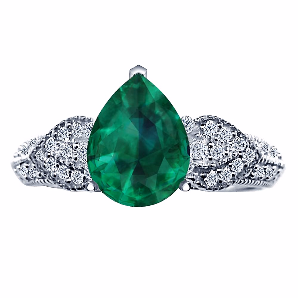 0.75 Carat Vintage Leaf Pear Cut Emerald 14K White Gold Diamond Engagement Ring (0.5 Ct Center Heirloom Quality AAA+)